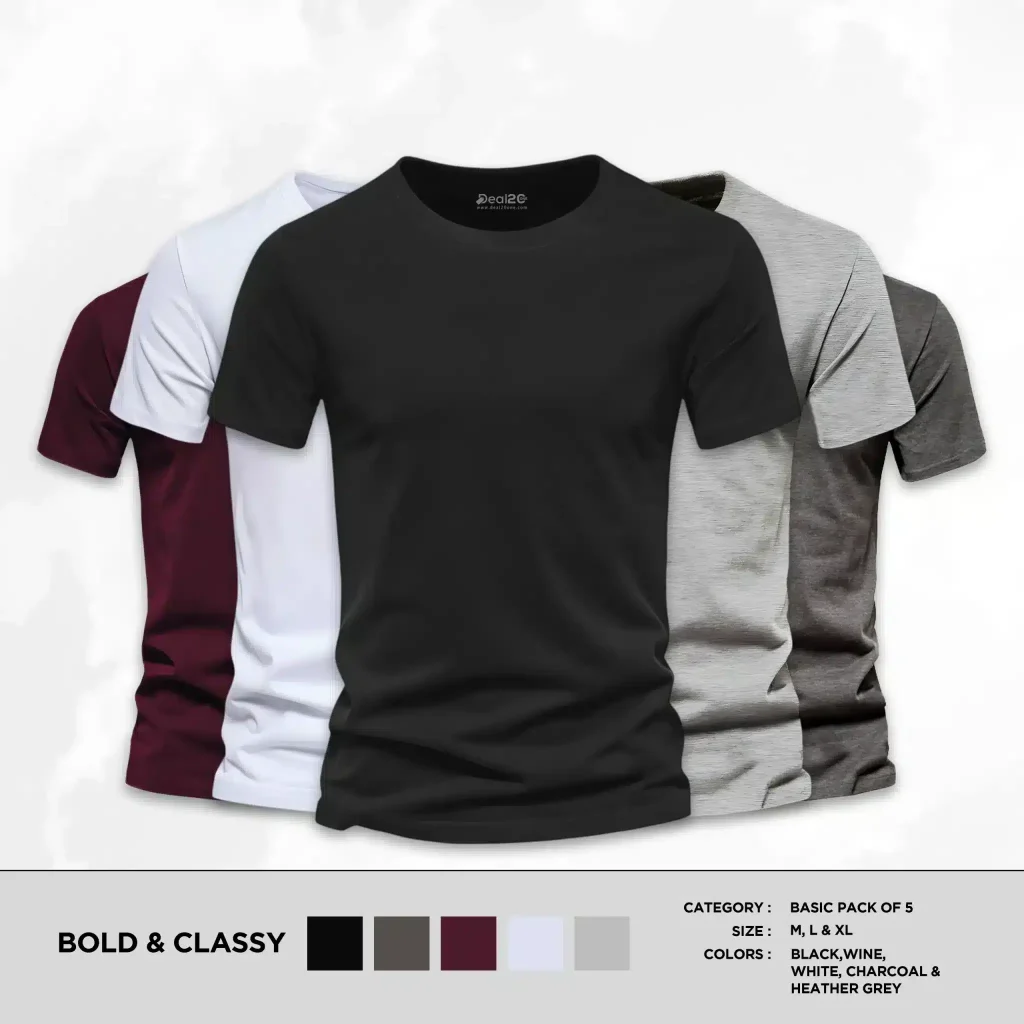 Bundle of 5 Bold And Classy Basic Half Sleeves T-Shirts For Men - Deal20one