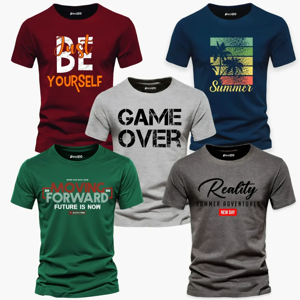 Pack of 5 Moving Game Keep Summer Yourself Printed T-Shirts - Deal20one