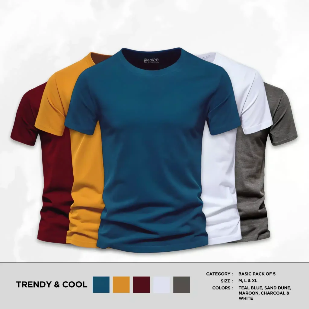 Bundle of 5 Trendy And Cool Basic Half Sleeves T-Shirts For Men - Deal20one